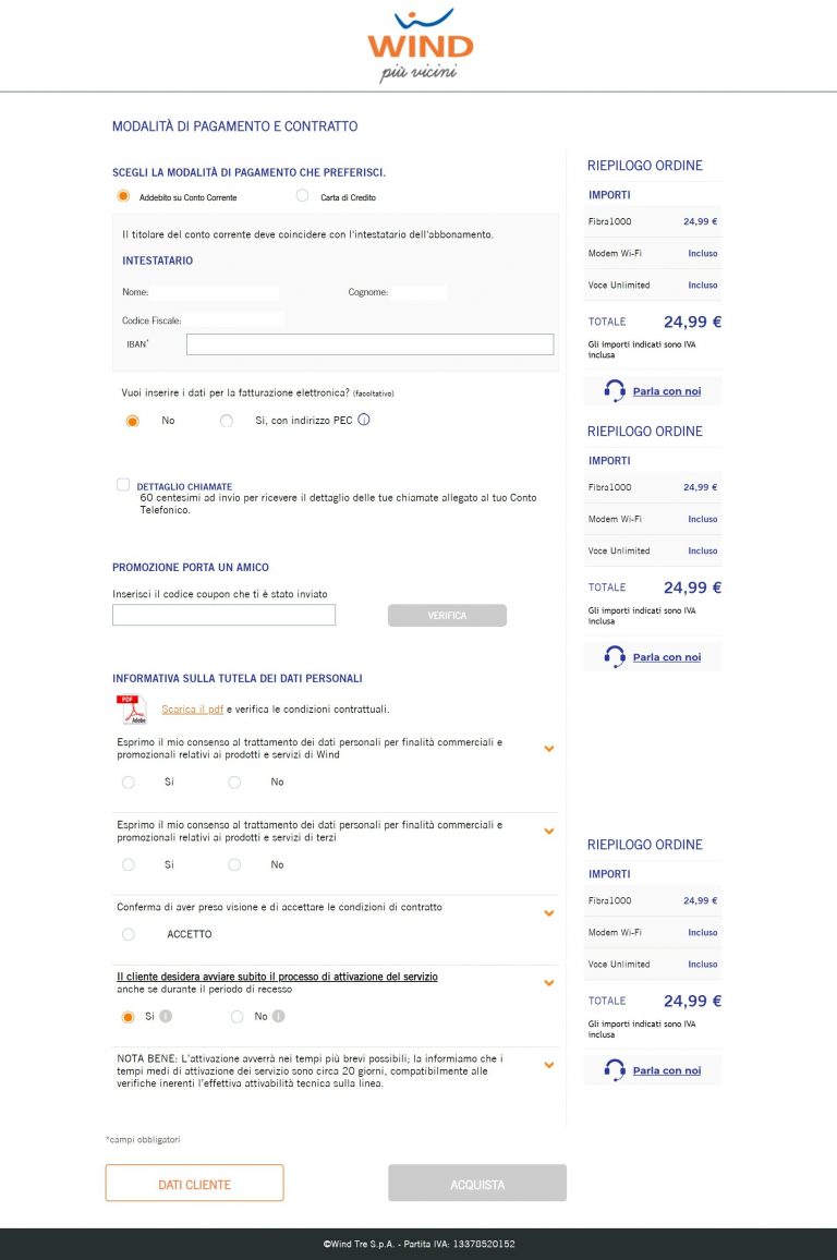 Wind Fibra 1000 FTTH attivazione online. La registrazione passo per ...